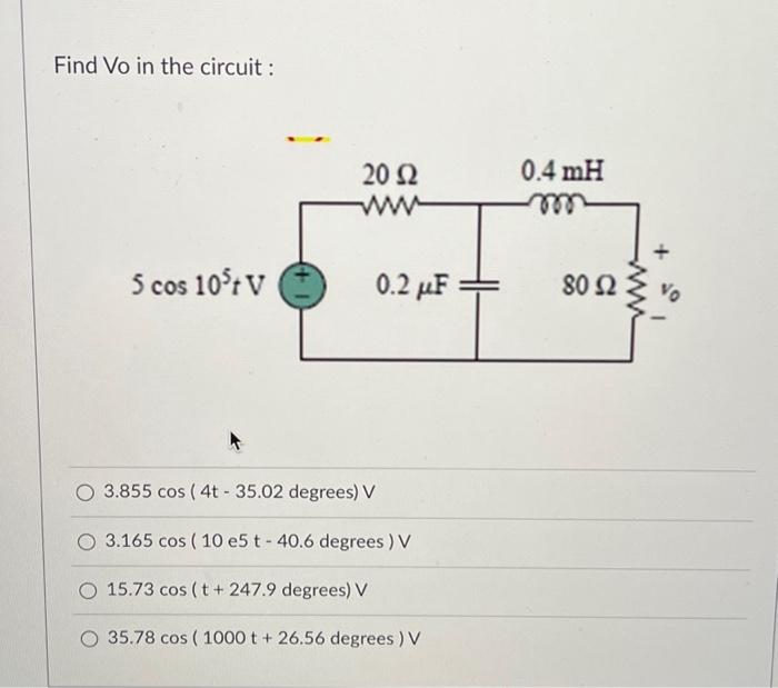 Solved Find Vo in the circuit : 3.855cos(4t−35.02 degrees | Chegg.com