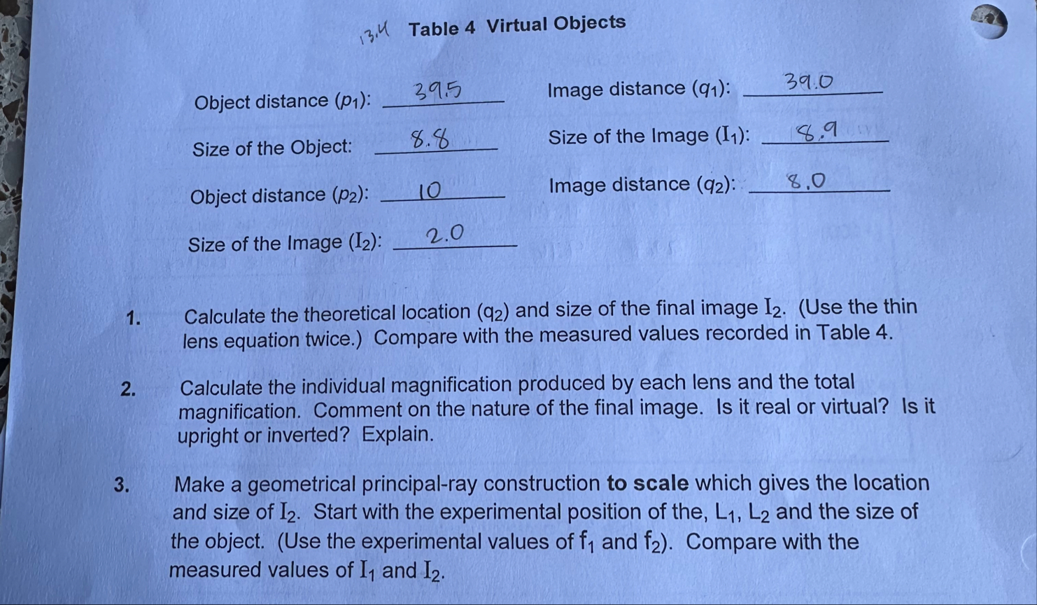 Table 4 ﻿Virtual ObjectsObject distance (p1) ﻿: | Chegg.com