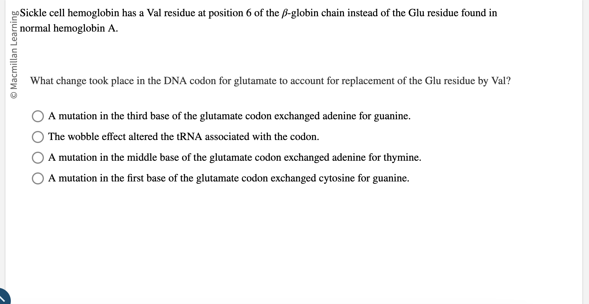 Solved ?b ﻿Sickle cell hemoglobin has a Val residue at | Chegg.com