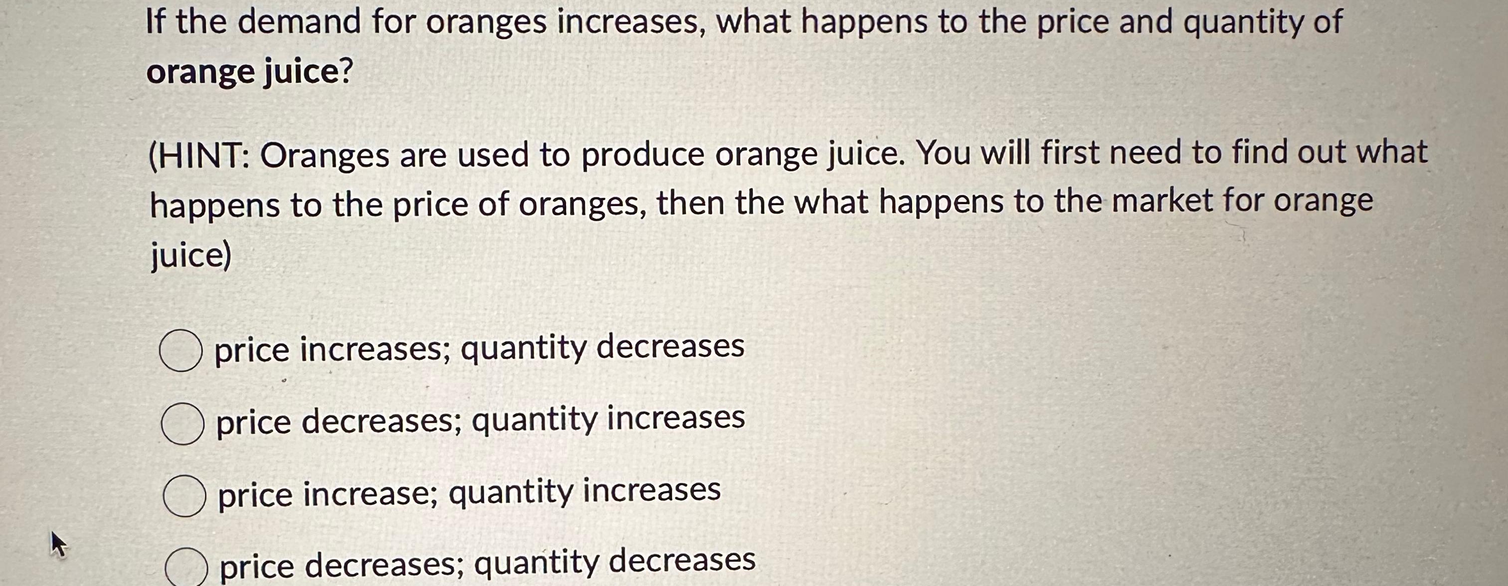 Solved If the demand for oranges increases, what happens to | Chegg.com