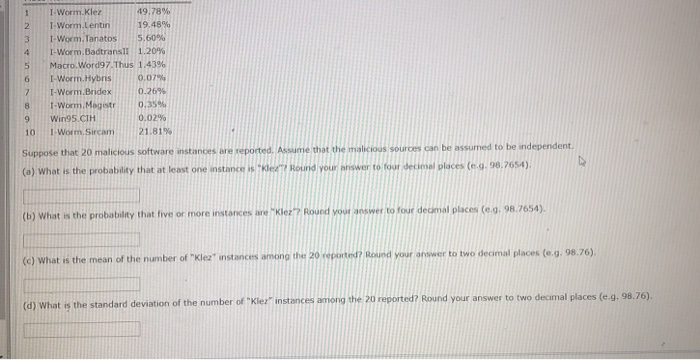 Solved 1 Worm Klez 49.78% 1 Worm. Lentin 19.48% 1 Worm. | Chegg.com