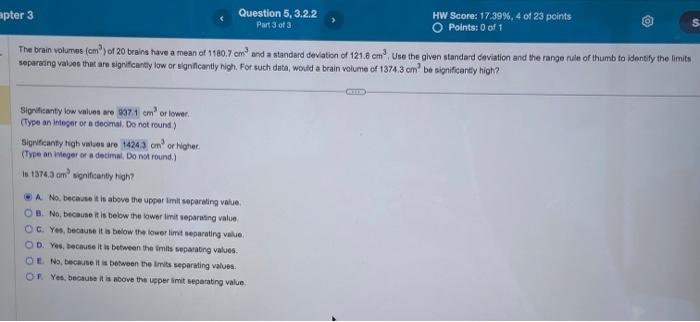 Solved The brain volumes (cm3) of 20 brains have a mean of | Chegg.com