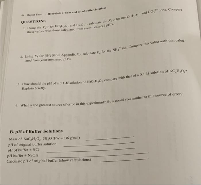 Solved Report Sheet . Hydrolysis of Salts and pll of Buffer | Chegg.com