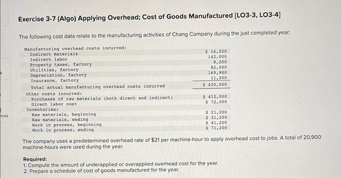 Solved Exercise 3-7 (Algo) Applying Overhead; Cost of Goods | Chegg.com