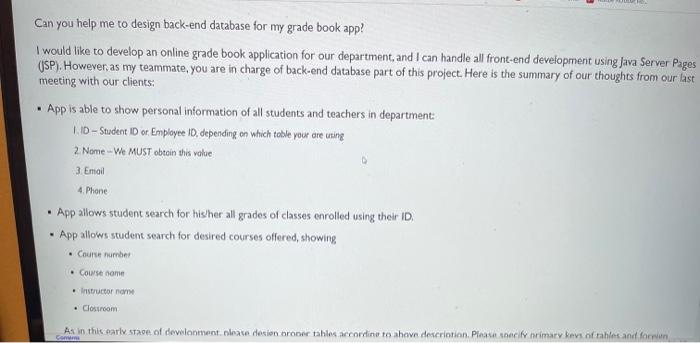 Solved Can you help me to design back-end database for my | Chegg.com