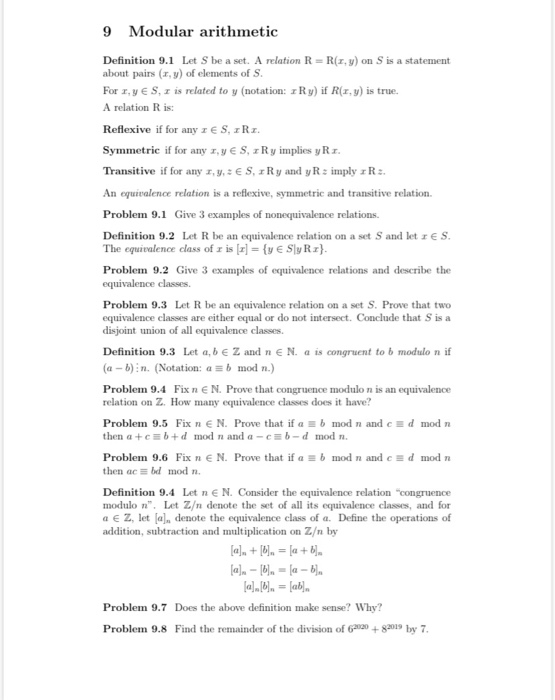 Solved 9 Modular arithmetic Definition 9.1 Let S be a set. A | Chegg.com