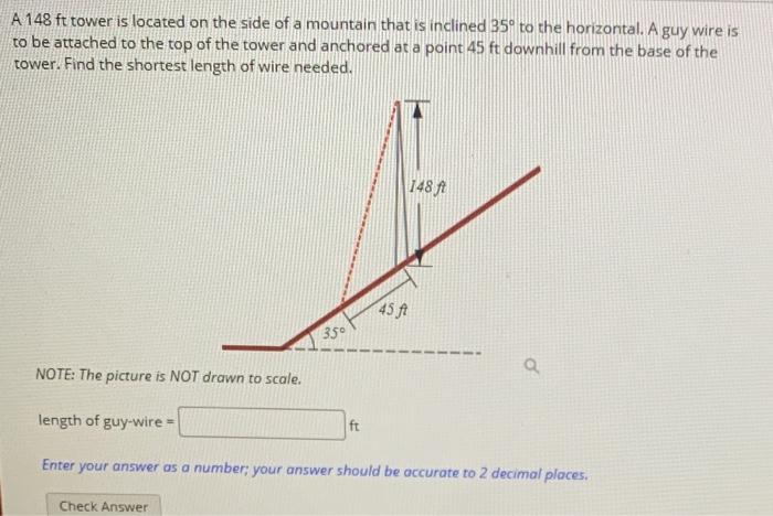 Solved A 148 ft tower is located on the side of a mountain | Chegg.com