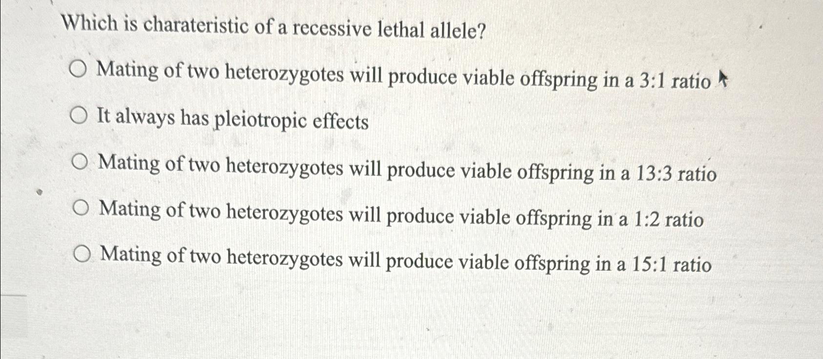 Solved Which is charateristic of a recessive lethal | Chegg.com