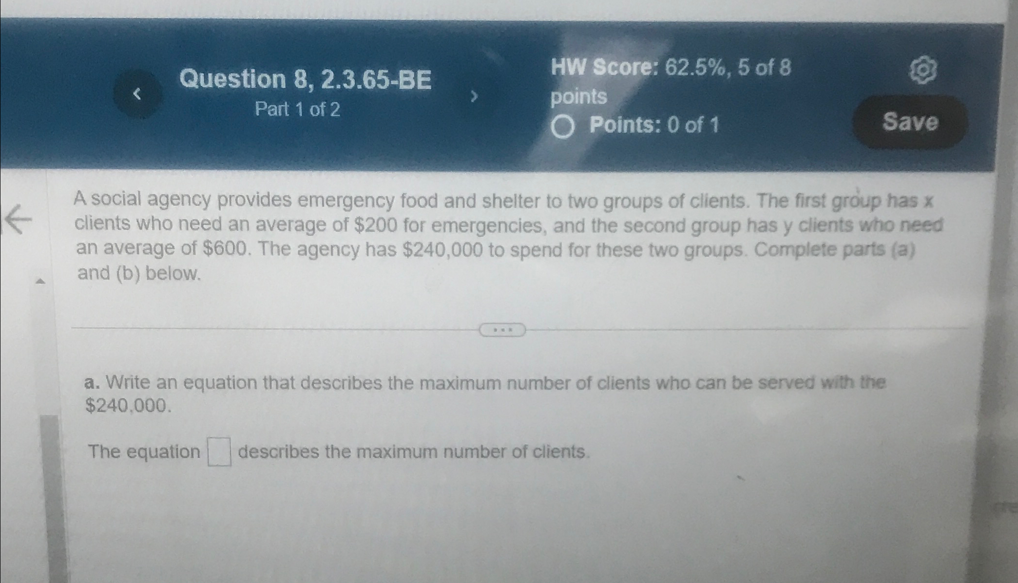 Solved Question 8, 2.3.65-BEHW Score: 62.5%,5 ﻿of 8Part 1 | Chegg.com