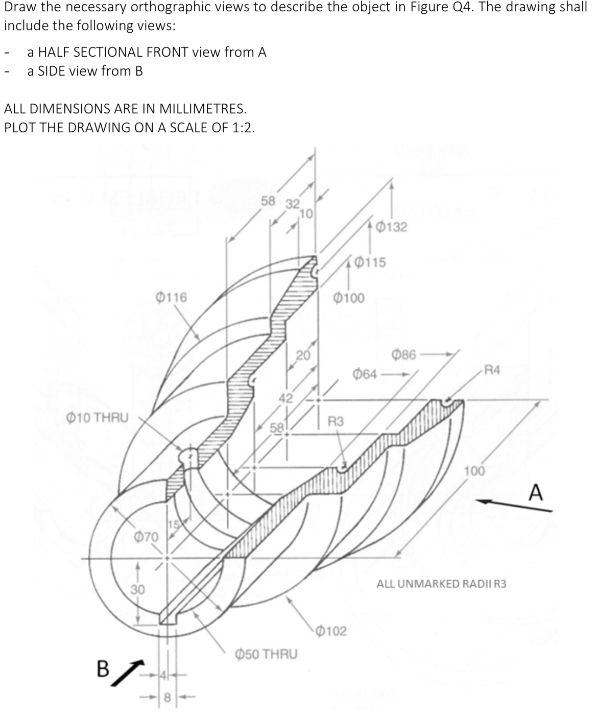 Solved Draw a Half Section Front view from A and a Side view | Chegg.com
