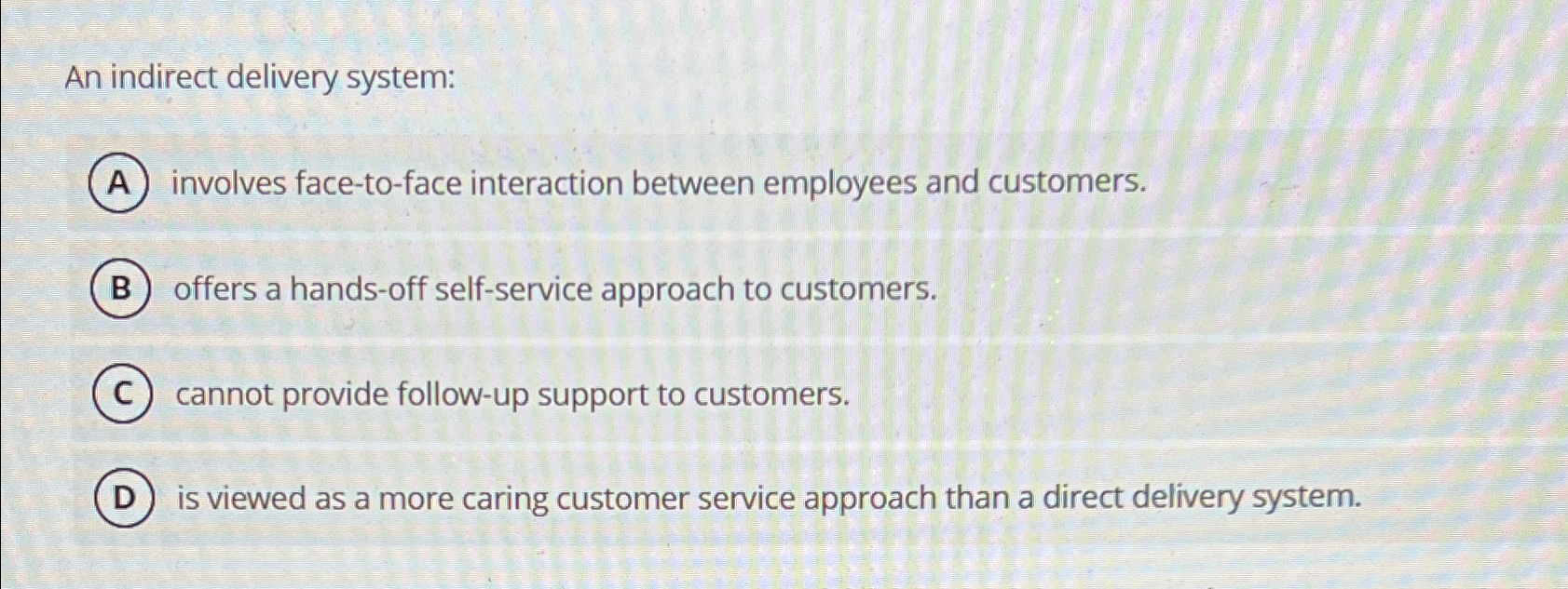 Solved An indirect delivery system:involves face-to-face | Chegg.com