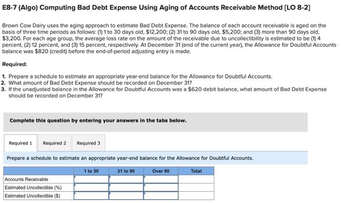 Solved E8-7 (Algo) Computing Bad Debt Expense Using Aging of | Chegg.com