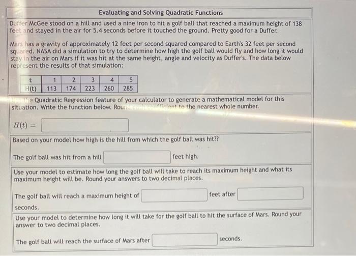Evaluating and Solving Quadratic Functions Duffer | Chegg.com