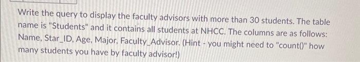 Solved Write the query to display the faculty advisors with | Chegg.com