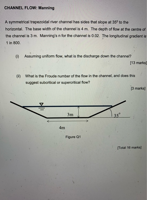 Solved CHANNEL FLOW: Manning A symmetrical trapezoidal river | Chegg.com