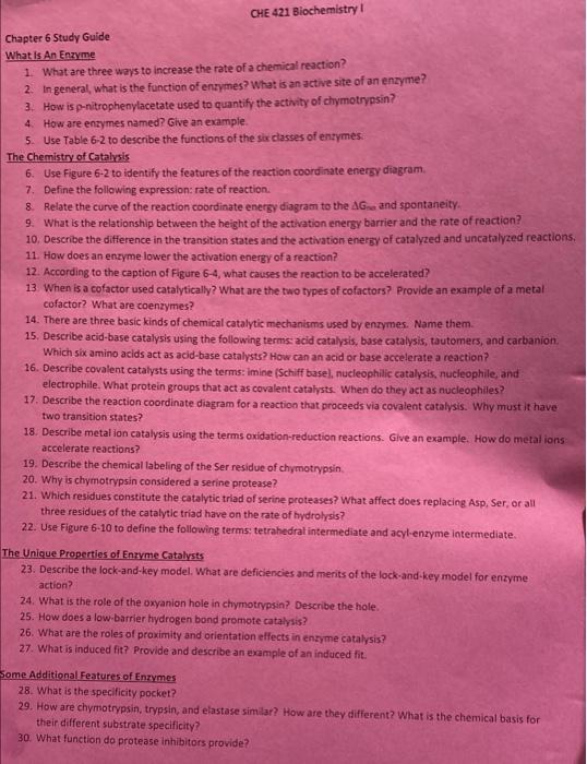 Solved CHE 421 Biochemistry I Chapter 6 Study Guide What is | Chegg.com