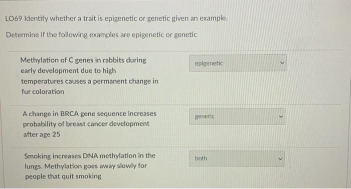 Solved LO69 Identify whether a trait is epigenetic or | Chegg.com
