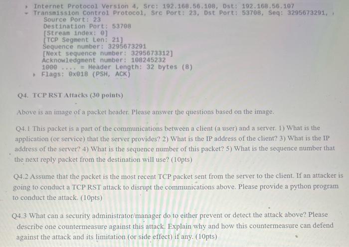 Solved Internet Protocol Version 4, Src: 192.168.56,168, | Chegg.com