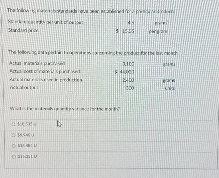 Solved The following materials standards have been | Chegg.com