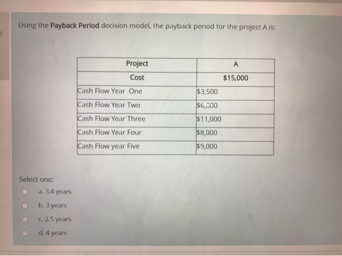 Solved Using the Payback period decision model, the payback | Chegg.com