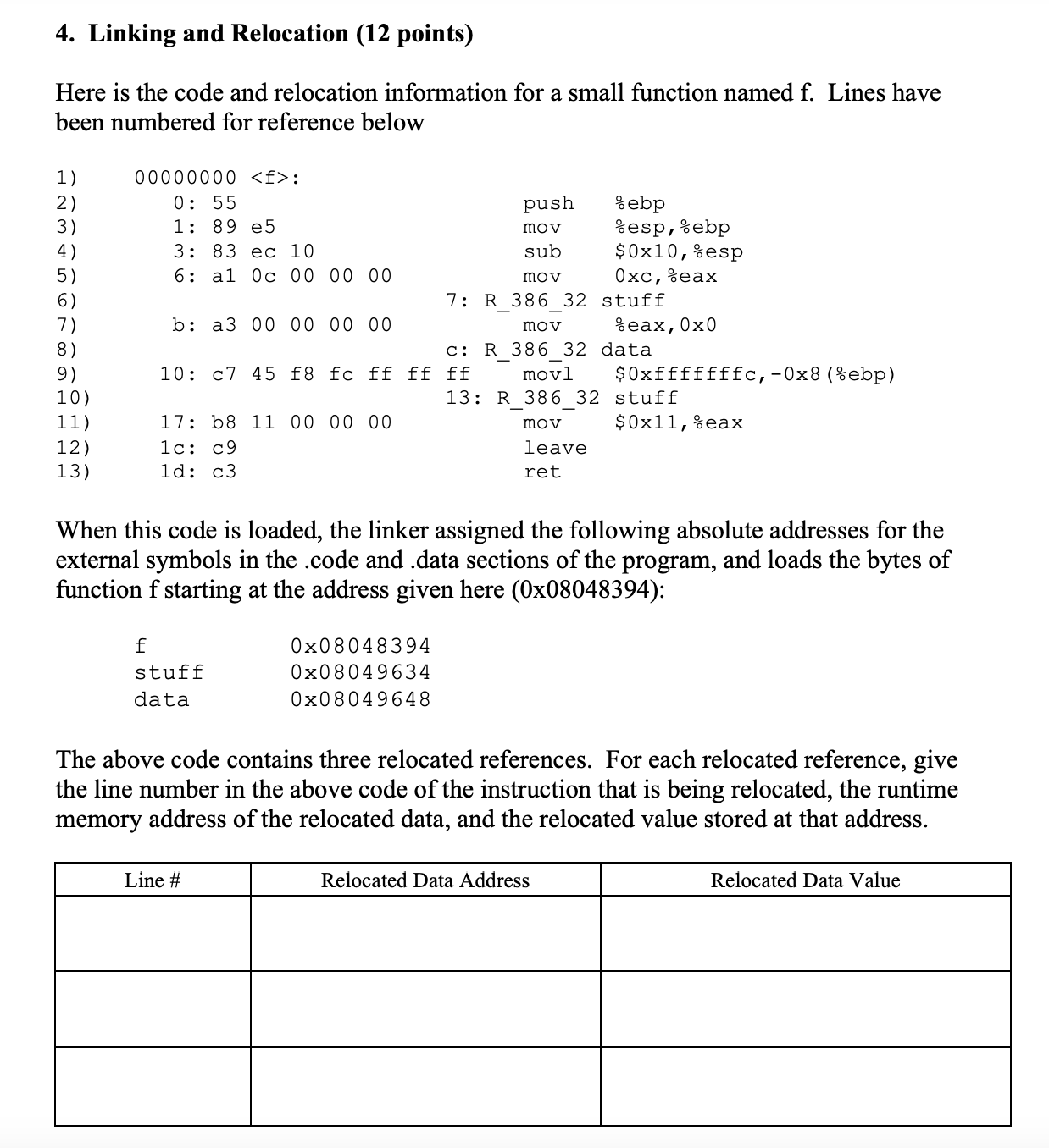 Solved Linking and Relocation (12 ﻿points)Here is the code | Chegg.com
