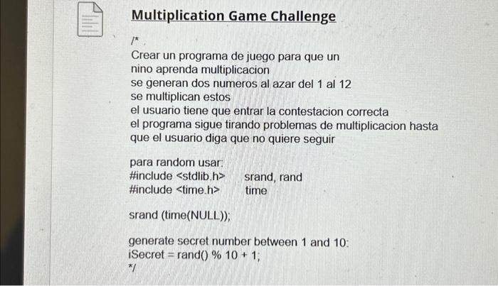 Solved Multiplication Game Challenge / Crear un programa de | Chegg.com