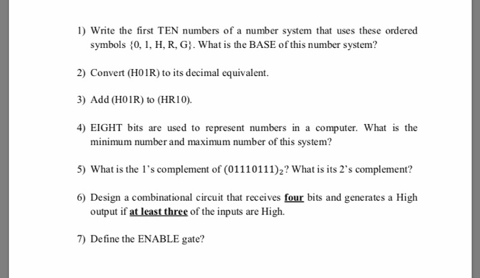 Solved 1) Write the first TEN numbers of a number system | Chegg.com