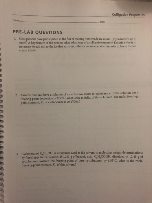Solved Colligative Properties Name PRE-LAB QUESTIONS 1. Most | Chegg.com