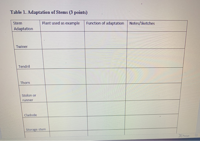 Solved Table 1. Adaptation of Stems (3 points) Plant used as | Chegg.com