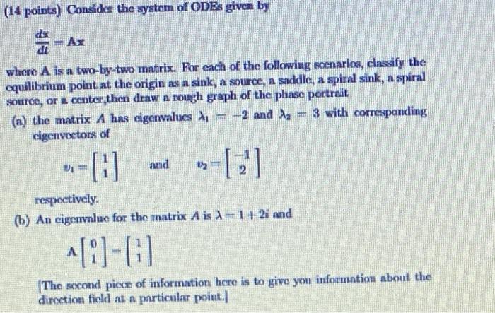 Solved (14 points) Consider the system of ODEs given by -A | Chegg.com