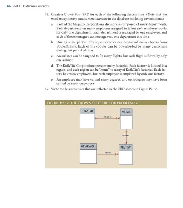 Solved 66 Part 1 Database Concepts 16. Create a Crow's Foot | Chegg.com