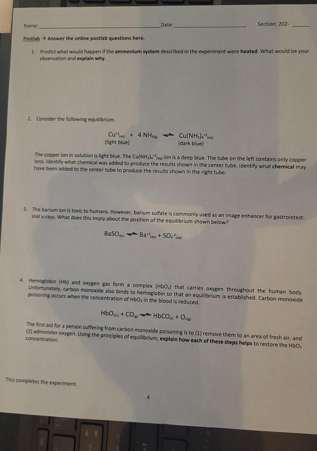 Solved Name: Date: Section: 202- Postlab → Answer the online | Chegg.com