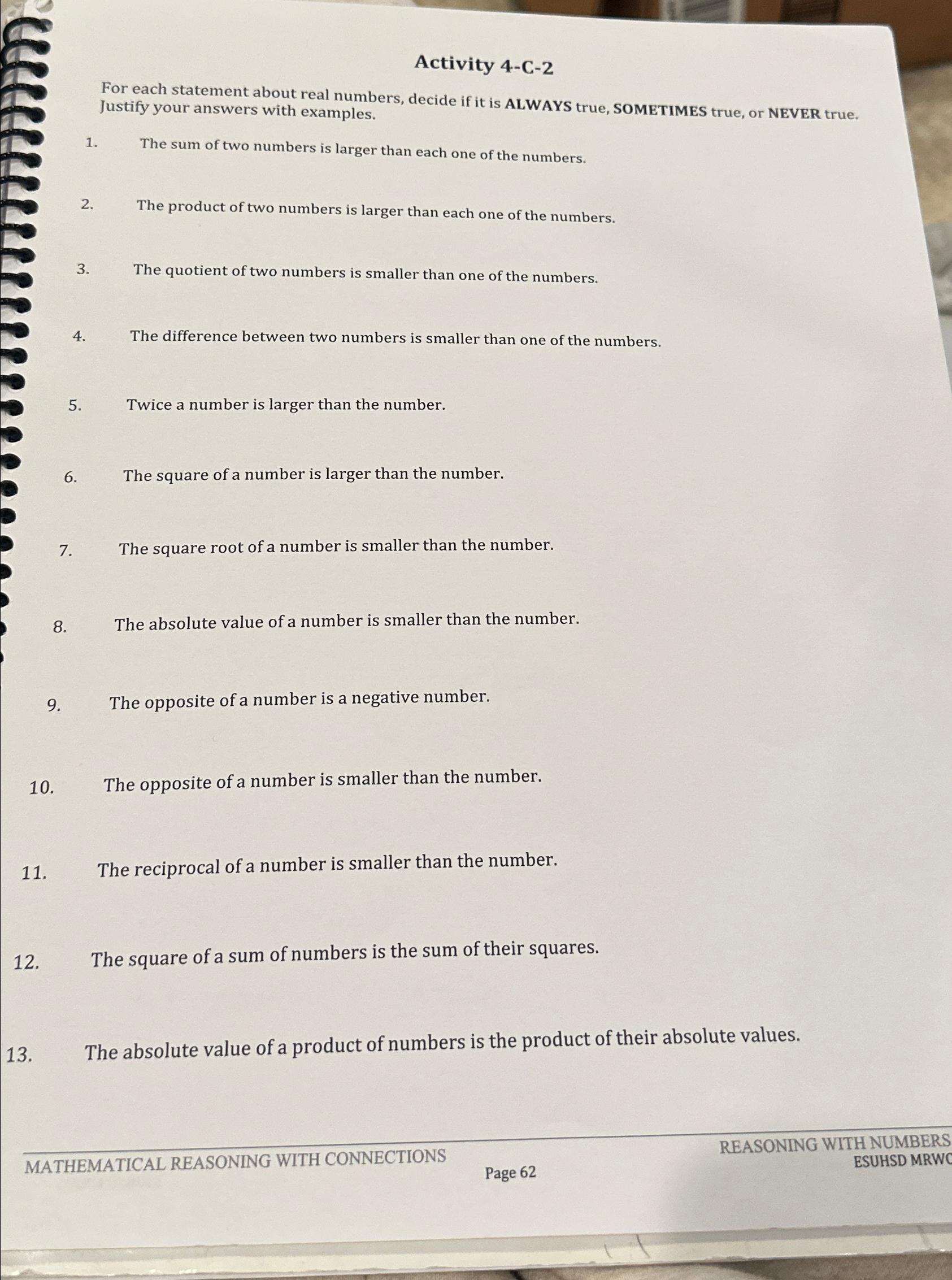 Solved Activity 4-C-2\\nFor each statement about real | Chegg.com