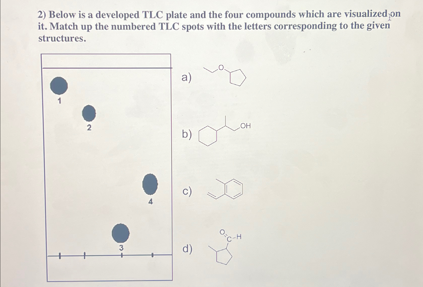 Solved Below is a developed TLC plate and the four compounds | Chegg.com