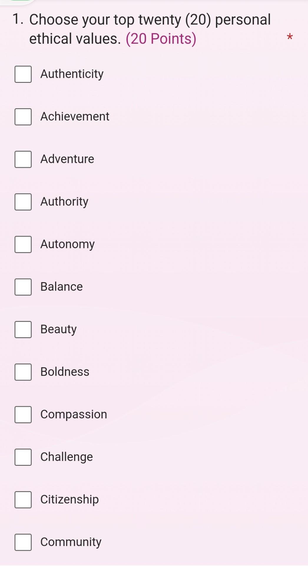 1. Choose your top twenty (20) personal ethical | Chegg.com