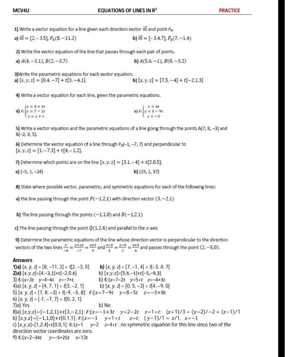 Solved Mcv4u Equations Of Lines In R3 Practice 1 Write A
