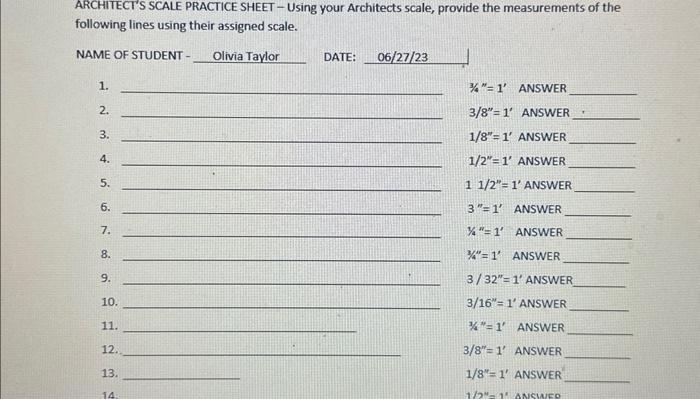 Solved ARCHITECT'S SCALE PRACTICE SHEET - Using your | Chegg.com