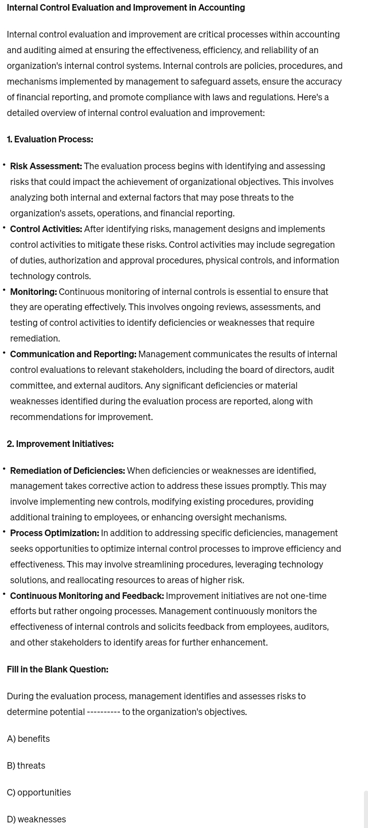 Solved Internal Control Evaluation and Improvement in | Chegg.com