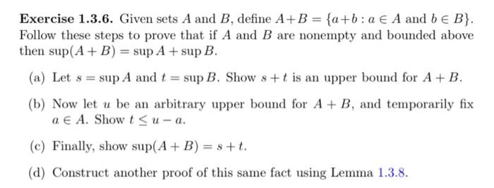 Solved Exercise 1.3.6. Given sets A and B, define | Chegg.com