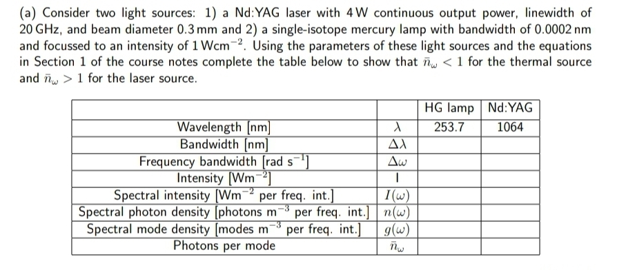 Solved (a) ﻿Consider two light sources: 1) ﻿a Nd:YAG laser | Chegg.com