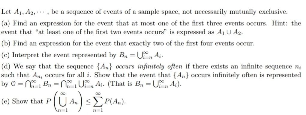 Let A1, A2,..., be a sequence of events of a sample | Chegg.com