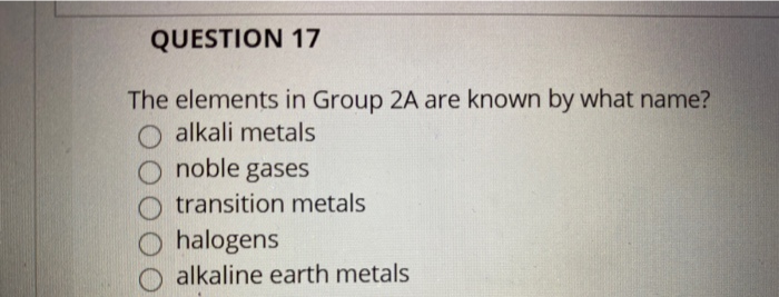 Solved QUESTION 17 The elements in Group 2A are known by | Chegg.com