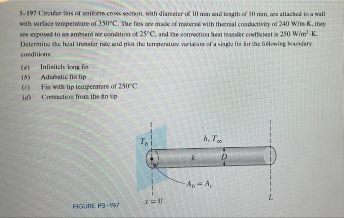 Solved 3-197 Circular fins of uniform cross section, with | Chegg.com