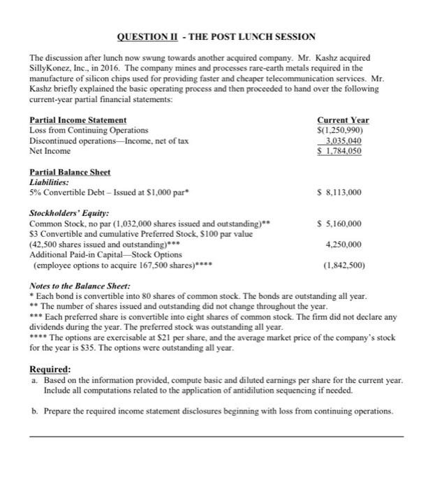 QUESTION II - THE POST LUNCH SESSION The discussion | Chegg.com