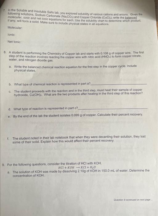 Solved 7. In the Soluble and insoluble Salts lab, you | Chegg.com