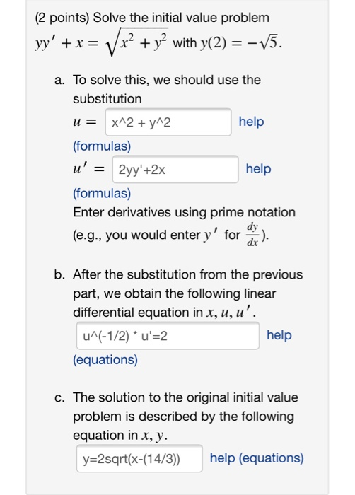 Solved (2 points) Solve the initial value problem yy' + x = | Chegg.com