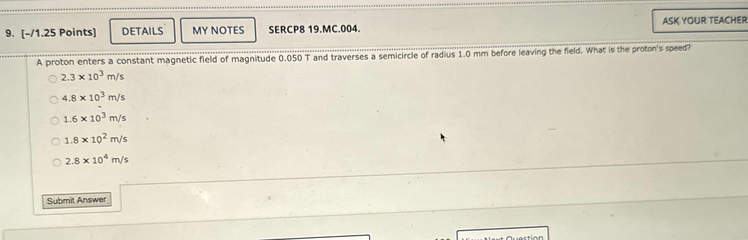 Solved [-/1.25 ﻿Points]SERCP8 19.MC.004.A proton enters a | Chegg.com