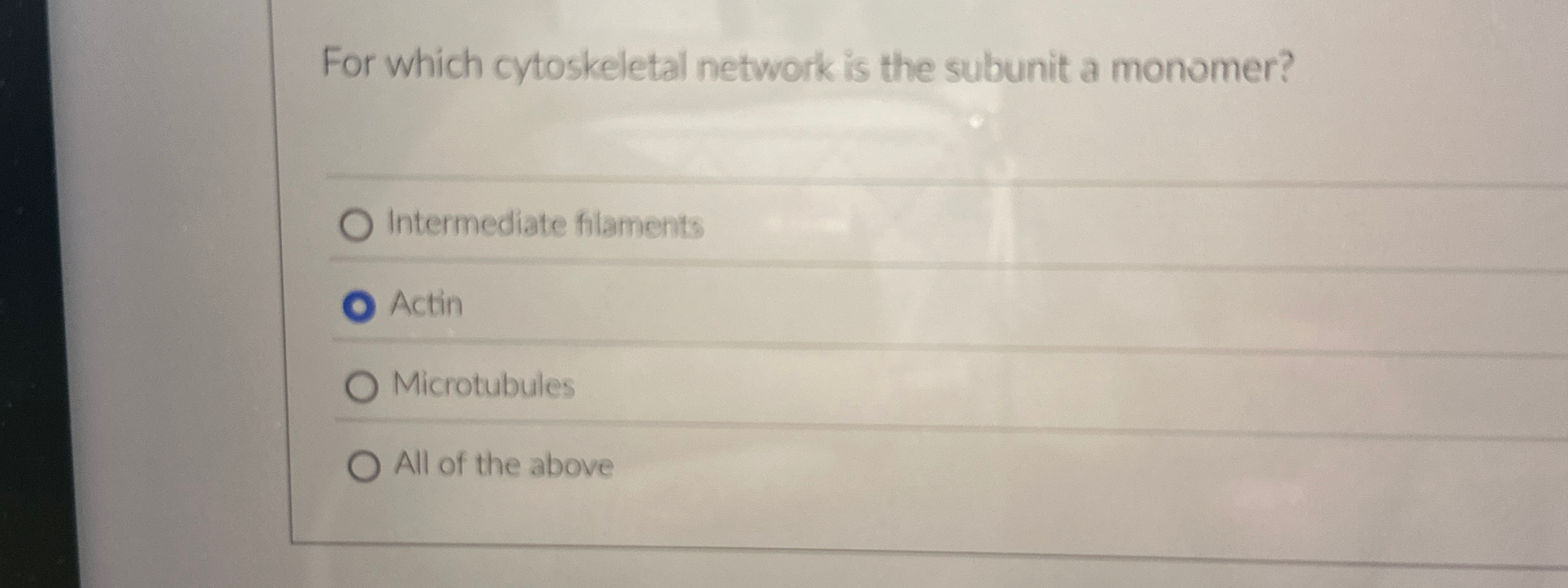 Solved For which cytoskeletal network is the subunit a | Chegg.com