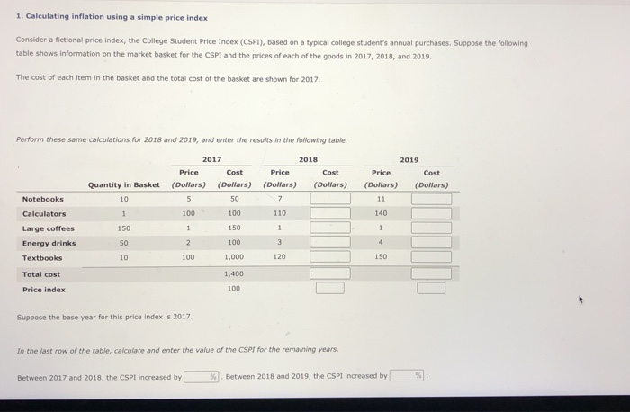 Solved 1. Calculating inflation using a simple price index | Chegg.com
