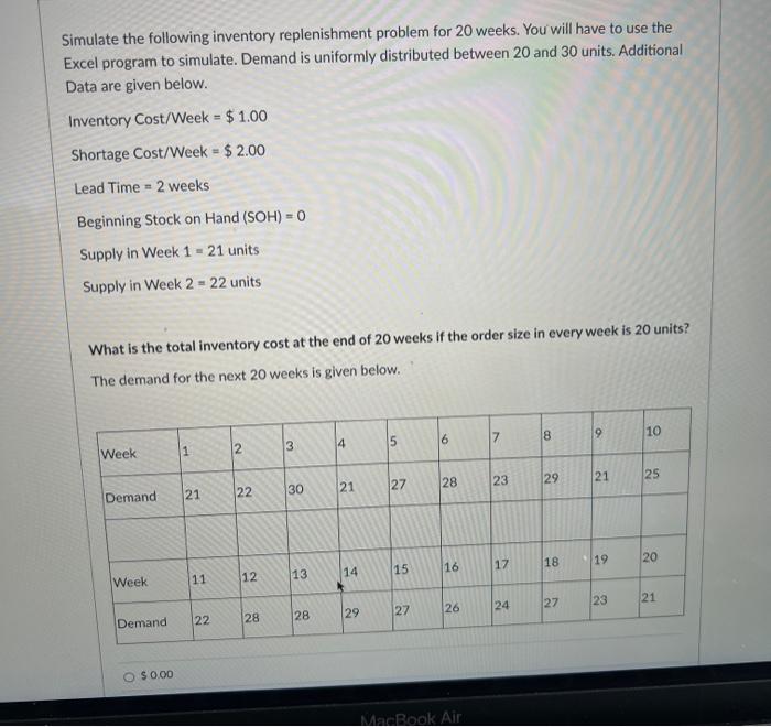 Solved Simulate the following inventory replenishment | Chegg.com